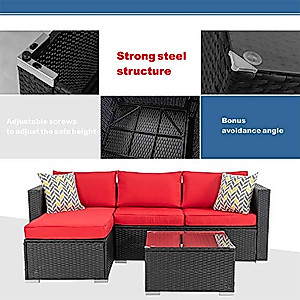 Walsunny 3 Piece Patio Furniture Set Outdoor Sectional Sofa with Upgrade Rattan Wicker Conversation Loveseat Couch(Black Rattan)(Red)