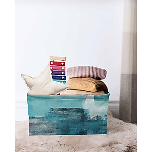 Abstract Storage Basket Turquoise Painting Large Foldable Storage Bins with Handles Modern Art Teal Gray Waterproof Fabric Laundry Baskets for Organizing Shelves Closet Toy Gifts Bedroom Home Decor