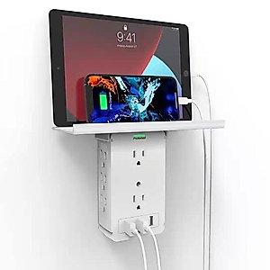 Wall Socket Outlet Extender with Shelf, 3 USB Ports, 8 AC Outlet, Surge Protector 1020J, White