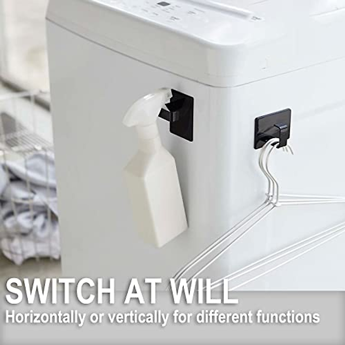 MORNIIE Multipurpose Magnetic Hooks. Hanger Organizer & Spray Bottle Holder. Hanger Stacker for Laundry Area. Spray Bottle Holder for Kitchen Organization Holds up to 16 fl oz. Black, 2 Pcs