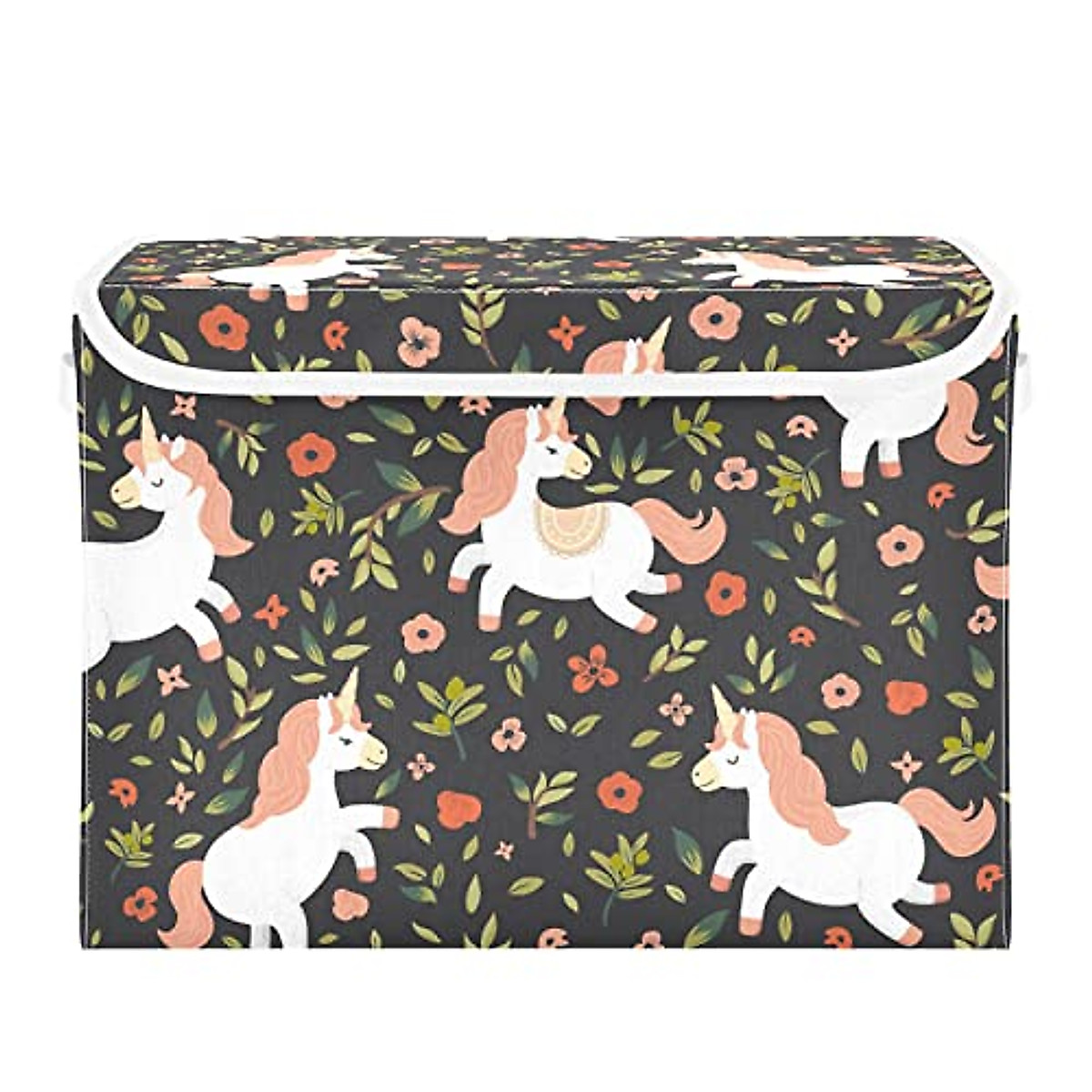 SUABO Cute White Unicorns Flowers Storage Bin with Lid Large Oxford Cloth Storage Boxes Foldable Home Cube Baskets Closet Organizers for Nursery Bedroom Office