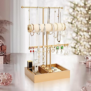 MingsunTan Jewelry Holder Organizer Jewelry Stand, Jewelry Organizer 3 Tier Jewelry Holder, Jewelry Display Rack Tree Jewelry Tower for Earring Bracelet Ring Necklace (Gold)