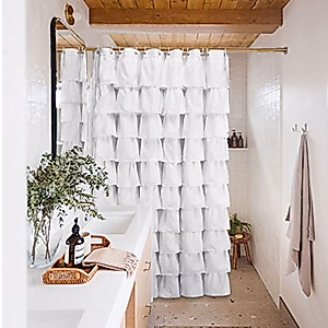 Volens White Shower Curtain Fabric/Ruffle for Bathroom,70in Long