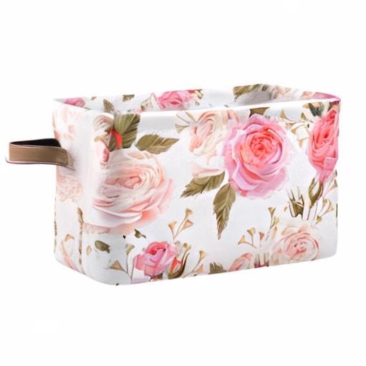 susiyo Large Foldable Storage Bin Floral Pink Roses Fabric Storage Baskets Collapsible Decorative Baskets Organizing Basket Bin with PU Handles for Shelves Home Closet Bedroom Living Room-1Pack