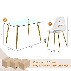 Ufurpie 5 Piece Glass Dining Table Set,51" Kitchen Table and Chairs for 4,Clear Dining Room Table Sets w/Gold Chrome Legs,Modern Dining Room Sets for Home, Kitchen, Dining Room(Gold)