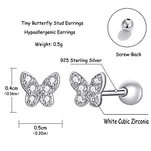 BISAER 925 Sterling Silver Tiny Butterfly Earrings With Screw Back Cubic Zirconia Stud Earrings for Women Cartilage Jewelry