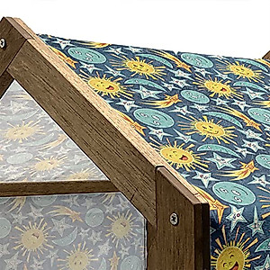 Ambesonne Stars Wooden Dog House, Sun and Moon Pattern in Cartoon Style Heavenly Bodies with Funny Faces, Indoor & Outdoor Portable Dog Kennel with Pillow and Cover, X-Large, Multicolor