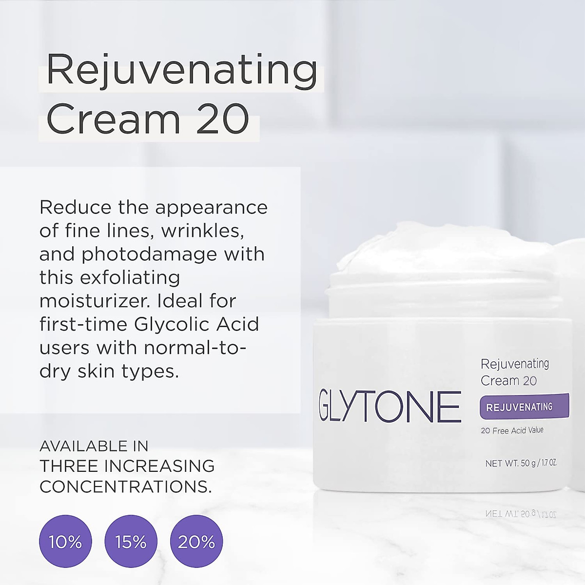 Glytone Rejuvenating Cream with 20 Free Acid Value Glycolic Acid, Moisturizer, Rich Creamy Emollient, Exfoliate, Normal to Dry Skin, 1.7 Fl Oz