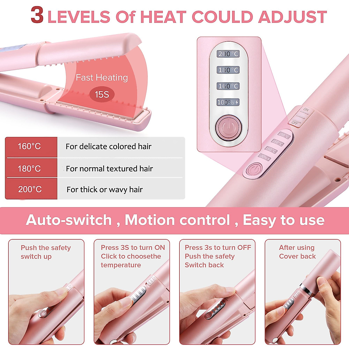 JMFONE Hair Straightener (2023 New),Cordless Flat Iron,Portable Straightener for Hair,USB-C Rechargeable Ceramic Mini Flat Iron with 4800mA Battery, Adjustable Temperature, Travel Size (Dark Pink)