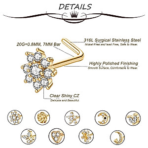 Masedy 9Pcs 20G Stainless Steel Nose Rings L Shaped Nose Studs Flower Screw Nose Rings for Women Men Nose Piercing Set LG