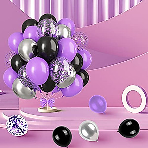 GREMAG Black and Purple Balloon, 60 Pcs Latex Balloon, 12inch Purple Black Silver Confetti Balloon with Ribbons, for Wedding, Birthday Party Decorations, Anniversary, Graduation, Theme Party Supplies