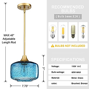 1 Light Hanging Indoor Kitchen Island Pendant Light 7.75" Ancient Seeded Glass Pendant Ceiling Light Fixtures Modern Farmhouse Dinning Over Sink Hallway (Blue Glass, 1 Pack)