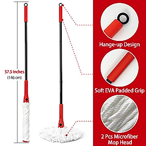 Self Wringing Mop with 2 Washable Heads, JEHONN Wet Mop for Floor Cleaning Heavy Duty, Upgraded 57.5 inches Long Handle Twist Mop for Hardwood Vinyl Tile Marble Laminate Home Office Kitchen (Red)