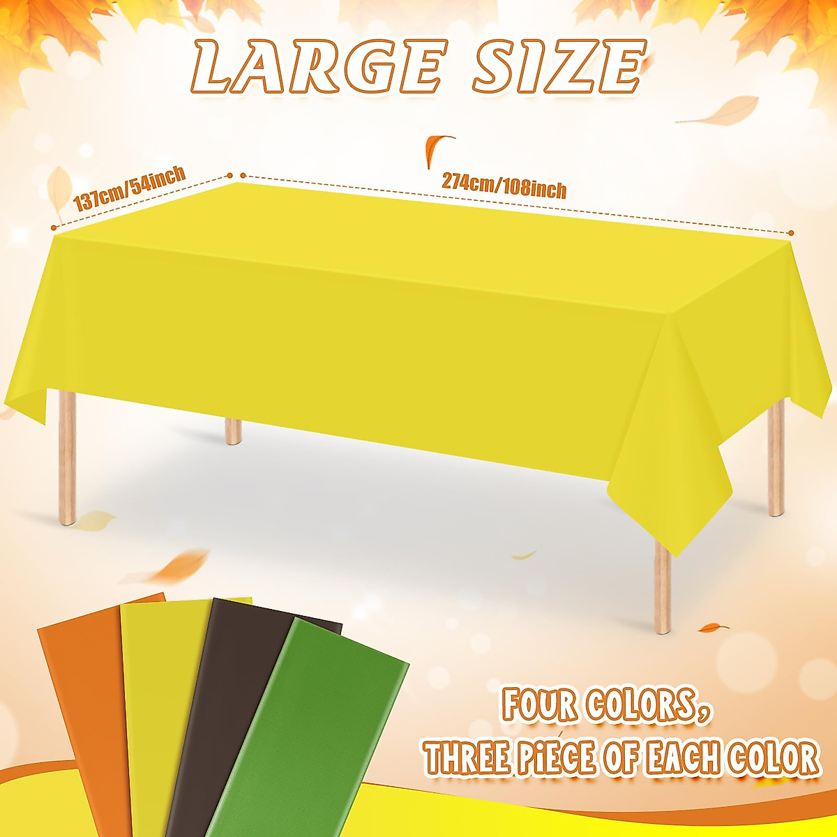 12Pcs Plastic Fall Tablecloth Yellow Orange Green Coffee Rectangle Tablecloths Disposable Table Covers for Autumn Harvest Thanksgiving Day Family Birthday Baby Shower Party Decoration, 54x108inch