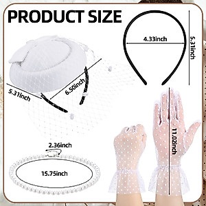 Geyoga 3 Pcs Fascinators Tea Party Hat Set Funeral Veil Hat Lace Gloves and Pearl Necklace Cocktail for 20s 50s Accessories(White)