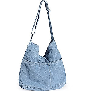WantGor Large Tote Bag, Denim Shoulder Bag Crossbody Hobo Bags Casual Retro Canvas Bag for Women Travel Work