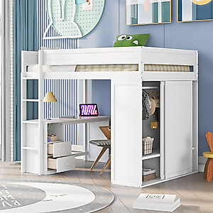 Harper & Bright Designs Full Size Loft Bed with Wardrobes and Desk, Solid Wood Loft Bed Frame with 2 Storage Drawers Cabinet, for Kids Teens Adults (White)