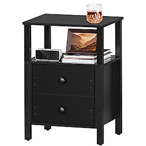 Lerliuo Black Night Stand, Small Nightstand with 2 Wood Drawers and Storage Shelf, Mid Century Modern Bedside Table with Wooden Frame, Rustic Bed Side Tables for Small Spaces, Nightstands for Bedroom