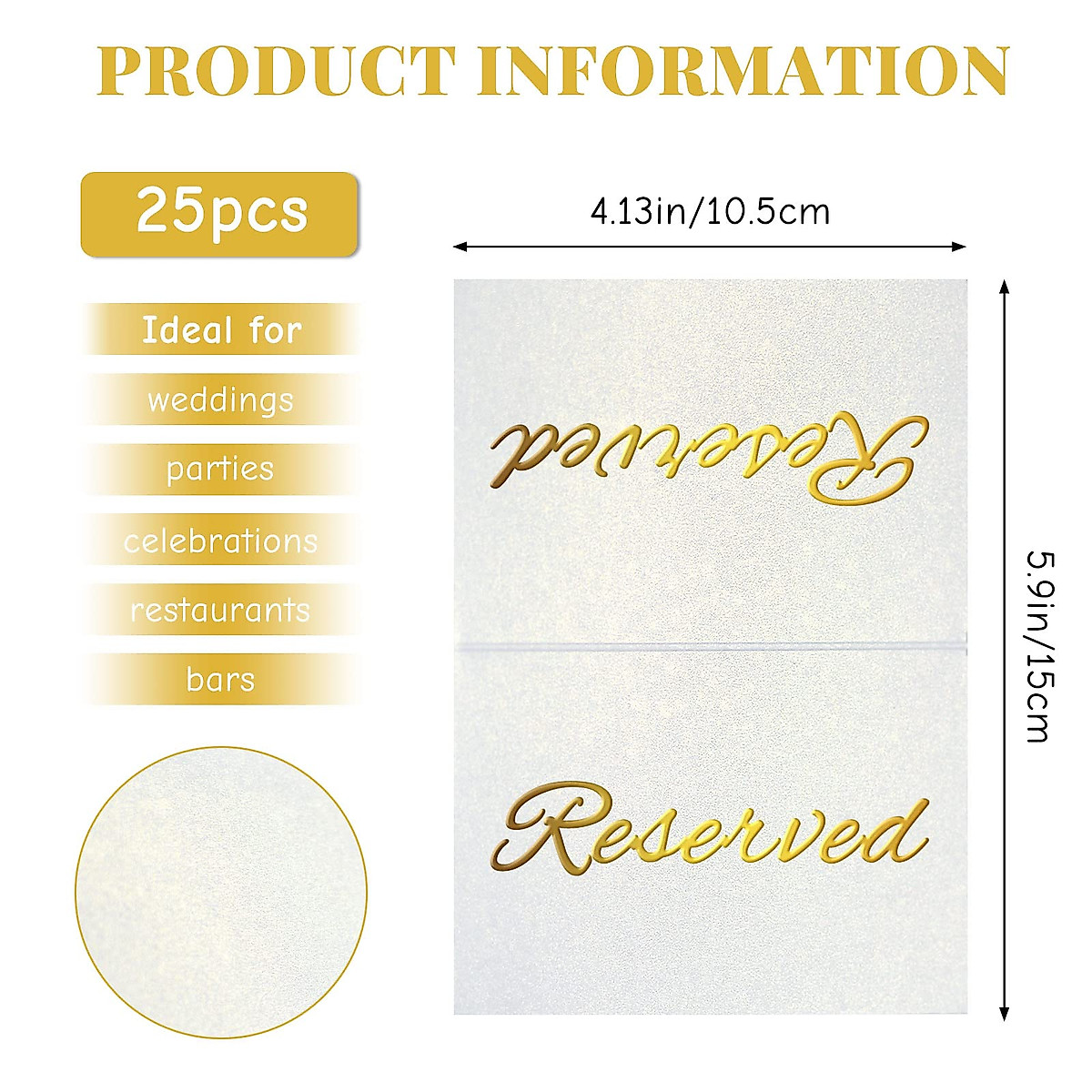 URROMA 25 Pcs Gold Wedding Reserved Table Signs, Double Sided Reserved Table Signs Gold Font Table Reserved Cards White Paper Reserved Table Tent Card