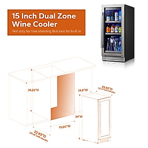 Ca'Lefort 15 Inch Beverage Refrigerator, 100 Can Beverage Fridge 34°F -54°F, Drink Fridge Glass Door 3 LED Drink Fridge Built in or Freestanding for Home/Kitchen(3.0 cu.ft)