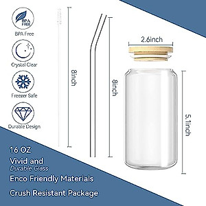 4PCS Glass Cups with Bamboo Lids and Glass Straws, 16oz Drinking Glasses Can Shaped Glass Cups, Beer Glasses, Iced Coffee Cups, Ideal for Gift, Wine, Cocktail- 2 Cleaning Brushes