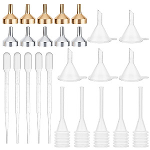 GORGECRAFT 25Pcs 5 Style Small Metal Funnels Essential Oil Funnel Kit and Dropper with Plastic Transfer Pipettes for Liquid Powder Transfer Filling Small Mini Bottles Or Containers Perfume
