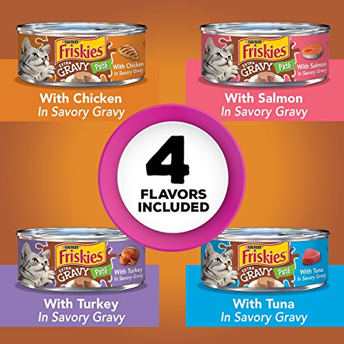 Purina Friskies Pate Wet Cat Food Variety Pack, Extra Gravy Pate Chicken, Turkey, Salmon & Tuna - (24) 5.5 oz. Cans