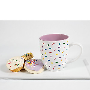 Yummy Sprinkles Mug | Lavendar Cute Coffee Mug with Rainbow Sprinkles | Birthday cake Coffee Cup Gift | Large White Ceramic Cup with Green, Yellow, Red, Pink, and Blue Sprinkles | Fun Pattern