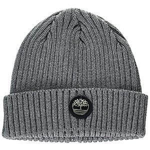 Timberland Men's Ribbed Watch Cap with Logo Plate, Light Grey Heather, One Size