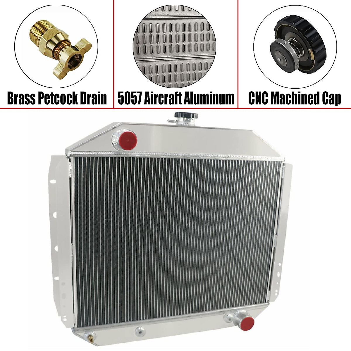 ReadyCool 4 Row Core Aluminum Radiator for 1966-1979 Ford F100 F150 F250 F350 Bronco Trucks Pickup V8 Chevy Engine, 66 67 68 69 70 71 72 73 74 75 76 77 78 79 Downflow Radiators