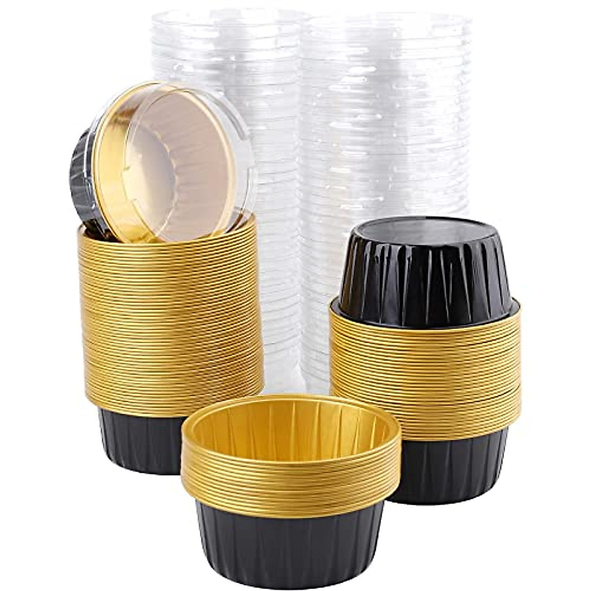 DEAYOU 100 Pieces Aluminum Foil Baking Cups with Lids, 5oz Disposable Ramekins Muffin Cups, 3" Cupcake Foil Liners Tart Pie Tin Pan Holder for Pudding, Souffle, Party, Wedding, Black Gold Color