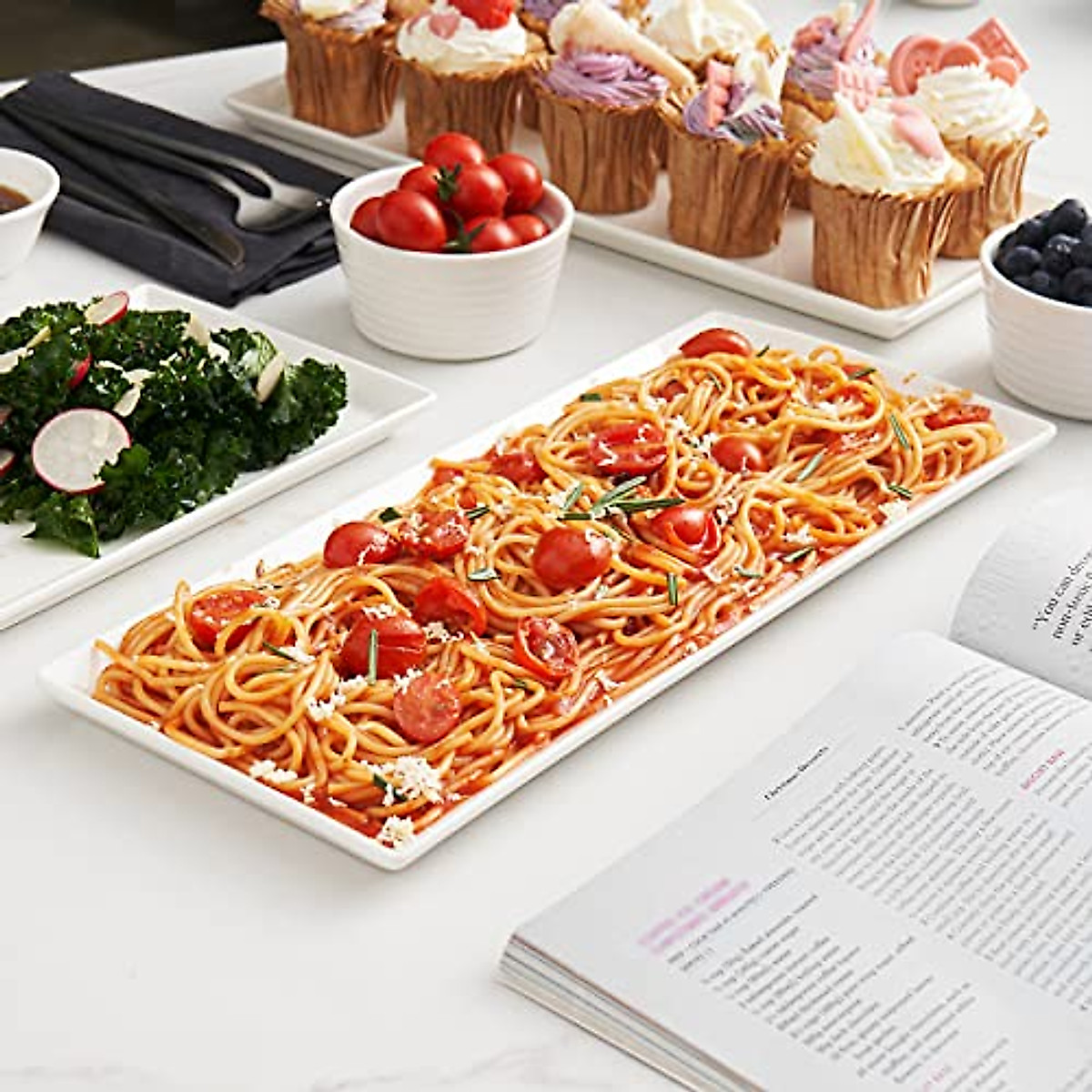 DOWAN 14.5" Rectangular Plates Set of 4 - Long Serving Trays for Sushi, Pasta, Chips, Appetizer, Cake - White Ceramic Rectangle Platter for Party, Restaurant, Banquet - Dishwasher & Oven Safe