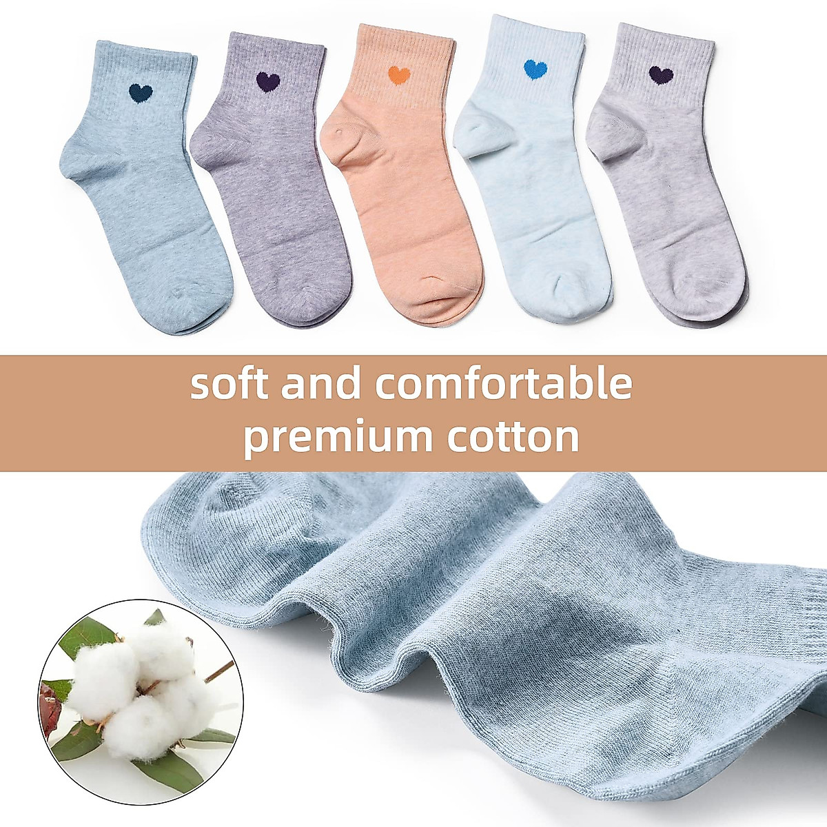 Corlap Women's Cotton Crew Athletic Running Socks - Ankle High, Fun Cute Novelty Heart Design (5-Pairs Gift Box)