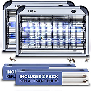LiBa Electric Bug Zapper (2-Pack) Indoor Insect Killer - (4) Extra Replacement Bulbs - Fly, Mosquito Killer and Repellent - Lightweight, Powerful 2800V Grid, Easy-to-Clean, Removable Washable Tray.