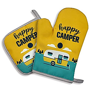 Happy Camper,Oven Mitts and Pot Holders Sets of 2，Funny Oven Mitt，Silicone Non-Slip Oven Mitts,Gift for Hiker Traveler Adventurist，Perfect for Kitchen,Cooking,Baking,Grilling