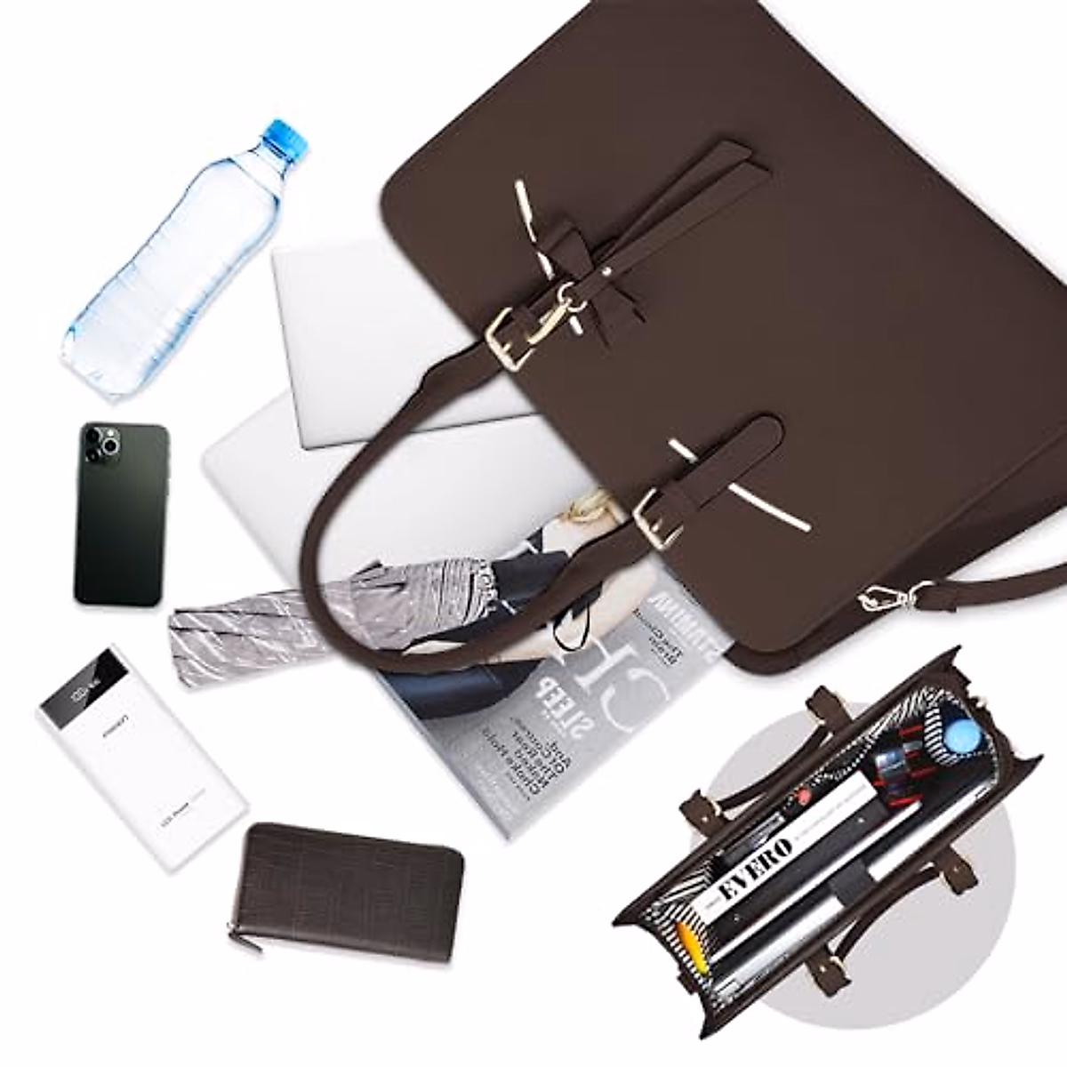 TOPDesign Laptop Bag for Women, Waterproof PU Leather Work Briefcase fits 15.6 Inch Computer, Large Tote Messenger Shoulder Bag, Stylish Business Purse Handbag Satchel (Brown)