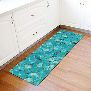 Gold Plaid Antifatigue Kitchen Bath Door Mat Cushioned Runner Rug,Washable Welcome Floor Sink Mat,Abstract Marble Green Blue Waterproof & Non-Slip Comfort Standing Doormat for Kitchen,18"x59"