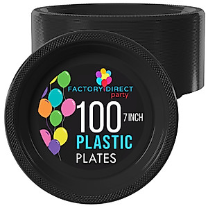 Exquisite Black Plastic Plates For Party 7" Black Disposable Plates For Party Supplies 100 Pcs Disposable Dinner Plate Heavy Duty 350 GSM Plate Sets, Plastic Dinnerware Sets