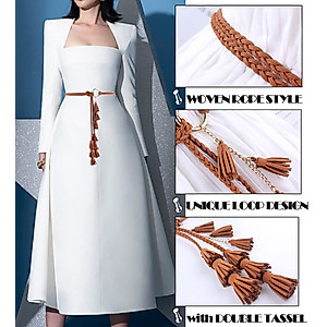 2 Pack Women Girls PU Leather Waist Belt Chain Skinny Rope with Double Tassel for Dress Skirt (1pc Black+1pc Camel)