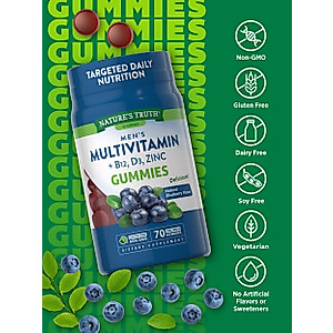 Mens Multivitamin Gummy | 70 Count | Vegetarian, Non-GMO, Gluten Free | with B12, D3, Zinc | Blueberry Flavor | by Nature's Truth