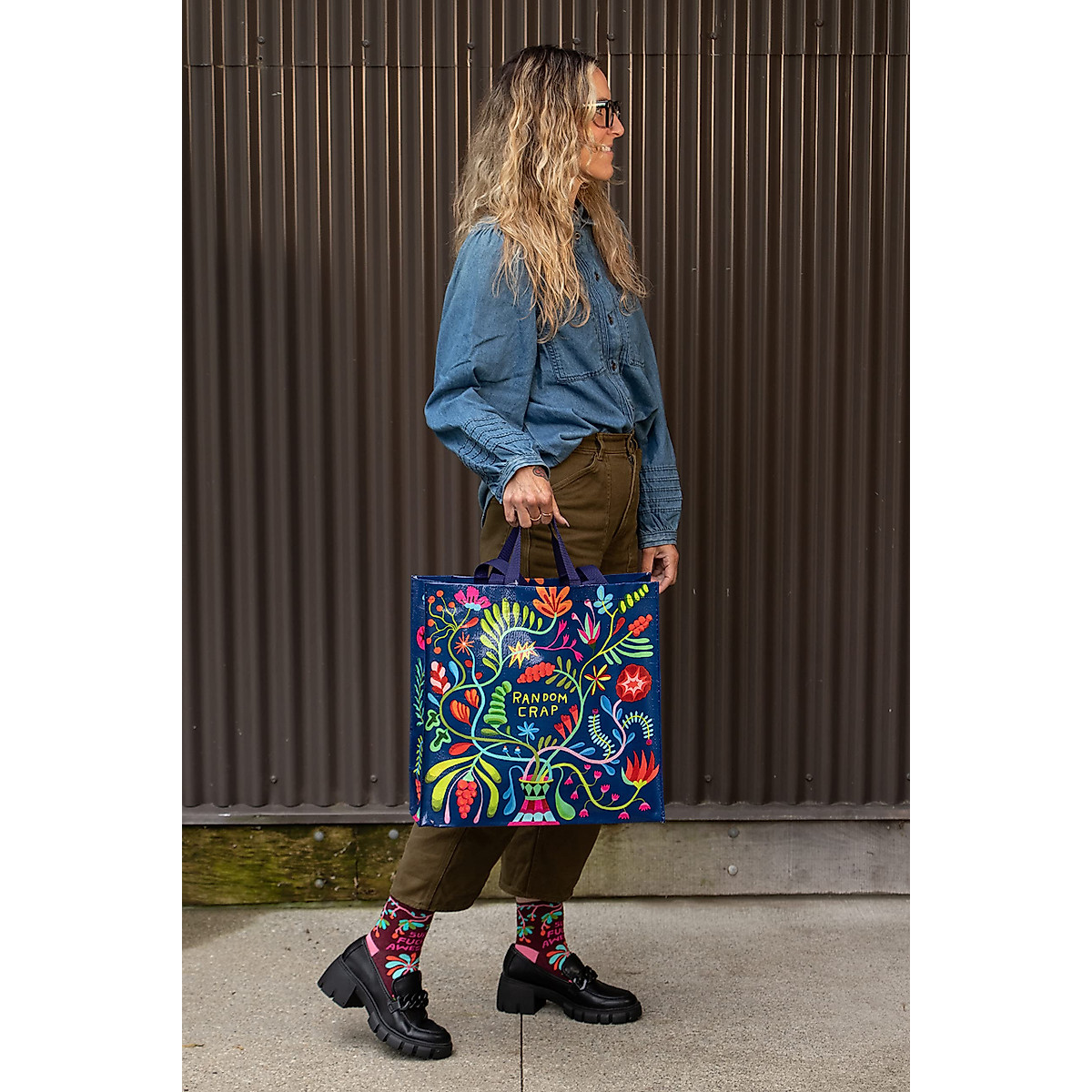 Blue Q Shoppers, Reusable Grocery Bag, Sturdy, Easy-to-Clean, 15" h x 16" w x 6" d, made from strong 95% recycled material (Random Crap)