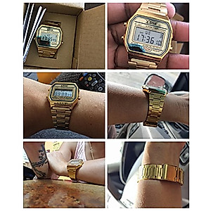 Digital Sports Watch Men's Women Water Resistant Outdoor Stainless Steel Band Electronic Square LED Back Light Wristwatch Gold 1123