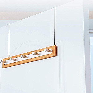 Over The Door 5 Hooks Hanger Bamboo Wooden Stainless Steel Towel Coat Bag Bath Hanging Rack (Silver)