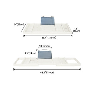 ZHTYRE Bamboo Bathtub Caddy Tray, White, 29.5"-43" Expandable, Non-slip, with Bamboo Bookshelf and Soap Tray Shelf, 1 or 2 Person Bath and Bed Tray