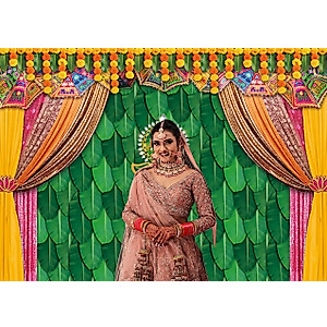 INRUI Indian Pooja Photography Background Green Banana Leaf Curtain Decorations Indian Bridal Shower Wedding Party Photo Backdrop (7x5FT)