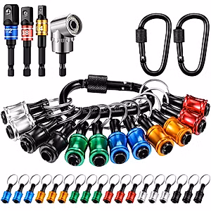 Threlaco 18 Pcs Bit Holder Keychains 3 Pcs 1/4 3/8 1/2" Socket Portable Hex Shank Screwdriver Bar Impact Bit Holder 105° Angle Attachment Adapter Drill Screw Adapter for Tool(Classic Color)