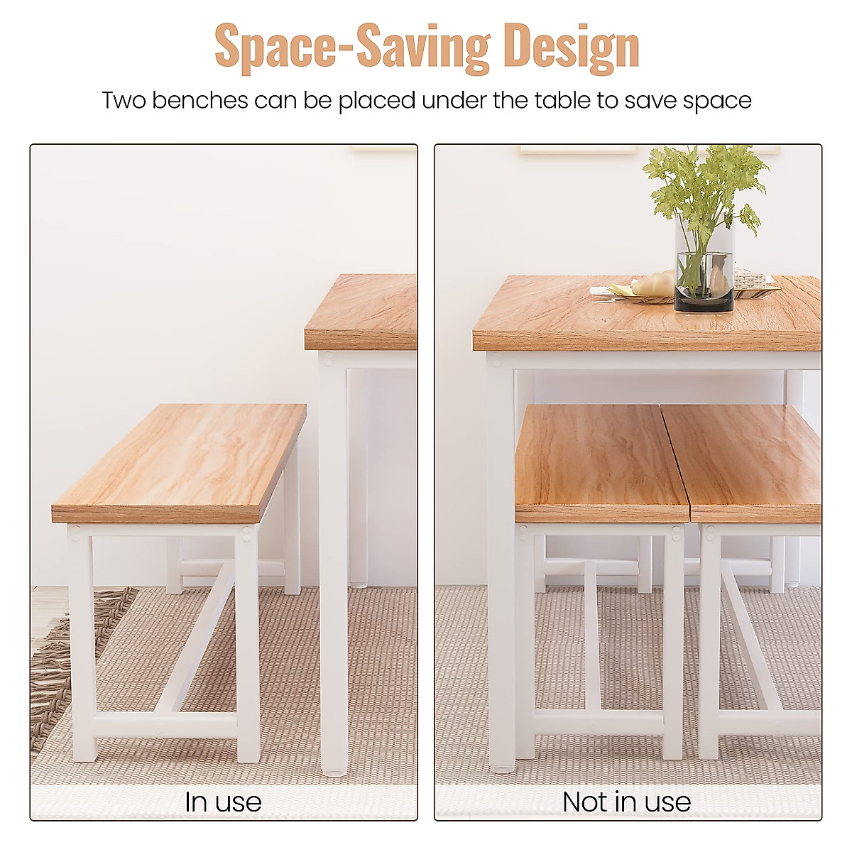 Recaceik 3-Piece Dining Table Set for 4, 43'' Dining Room Table Set with 2 Benches, Space-Saving Dinette Table with Metal Frame & MDF Board, Breakfast Table for Kitchen, Dining Room, Walnut