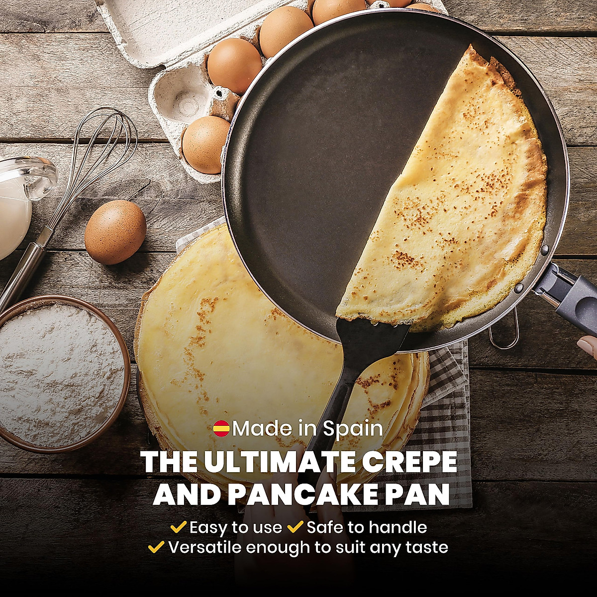 Machika Crepe Pan | Non-Stick Pancake Pan with Large Handle | Omelette Pan Nonstick | Perfect for Tortilla, Pita Bread, and Pizza Recipes | Flat Skillet Compatible with All Stoves | Black | 11”