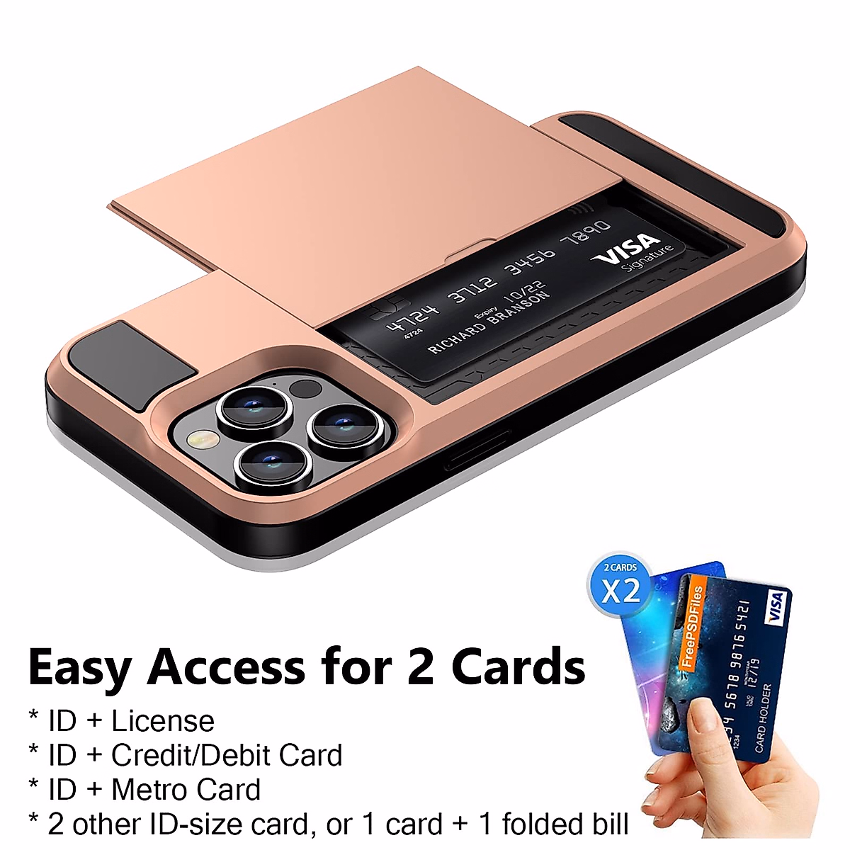 Vofolen for iPhone 14 Pro Max Case Wallet Credit Card Holder ID Slot Sliding Door Hidden Pocket Women Anti-Scratch Dual Layer Hybrid Bumper Armor Protective Shell Cover 6.7 inch Rose Gold