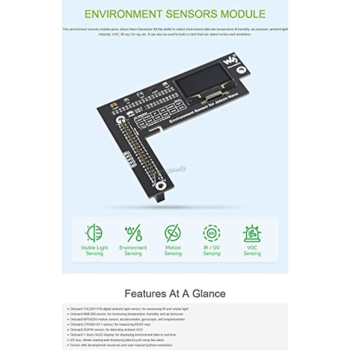 XYGStudy Environment Sensors Module for Jetson Nano 2GB and B01 I2C Bus with 1.3inch OLED Display to Collect Temperature Humidity/Air Pressure/Ambient Light Intensity/VOC/IR Ray/UV etc.